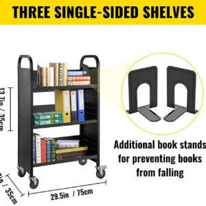 BestEquip Book Cart, 200LBS Library Cart, 30x14x45 Inch Rolling Book Cart, Single Sided V-Shaped Sloped Shelves with 4 Inch Lockable Wheels for Home Shelves Office and School Book Truck in Black