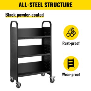 BestEquip Book Cart, 200LBS Library Cart, 30x14x45 Inch Rolling Book Cart, Single Sided V-Shaped Sloped Shelves with 4 Inch Lockable Wheels for Home Shelves Office and School Book Truck in Black