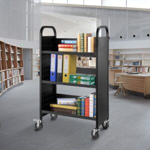 BestEquip Book Cart, 200LBS Library Cart, 30x14x45 Inch Rolling Book Cart, Single Sided V-Shaped Sloped Shelves with 4 Inch Lockable Wheels for Home Shelves Office and School Book Truck in Black