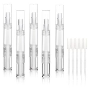 upzigs 5 pack 5ml transparent twist pen for cuticle oil applicator, empty nail oil pen with brush tip, eyelash growth liquid tube, cosmetic lip gloss container (5x)