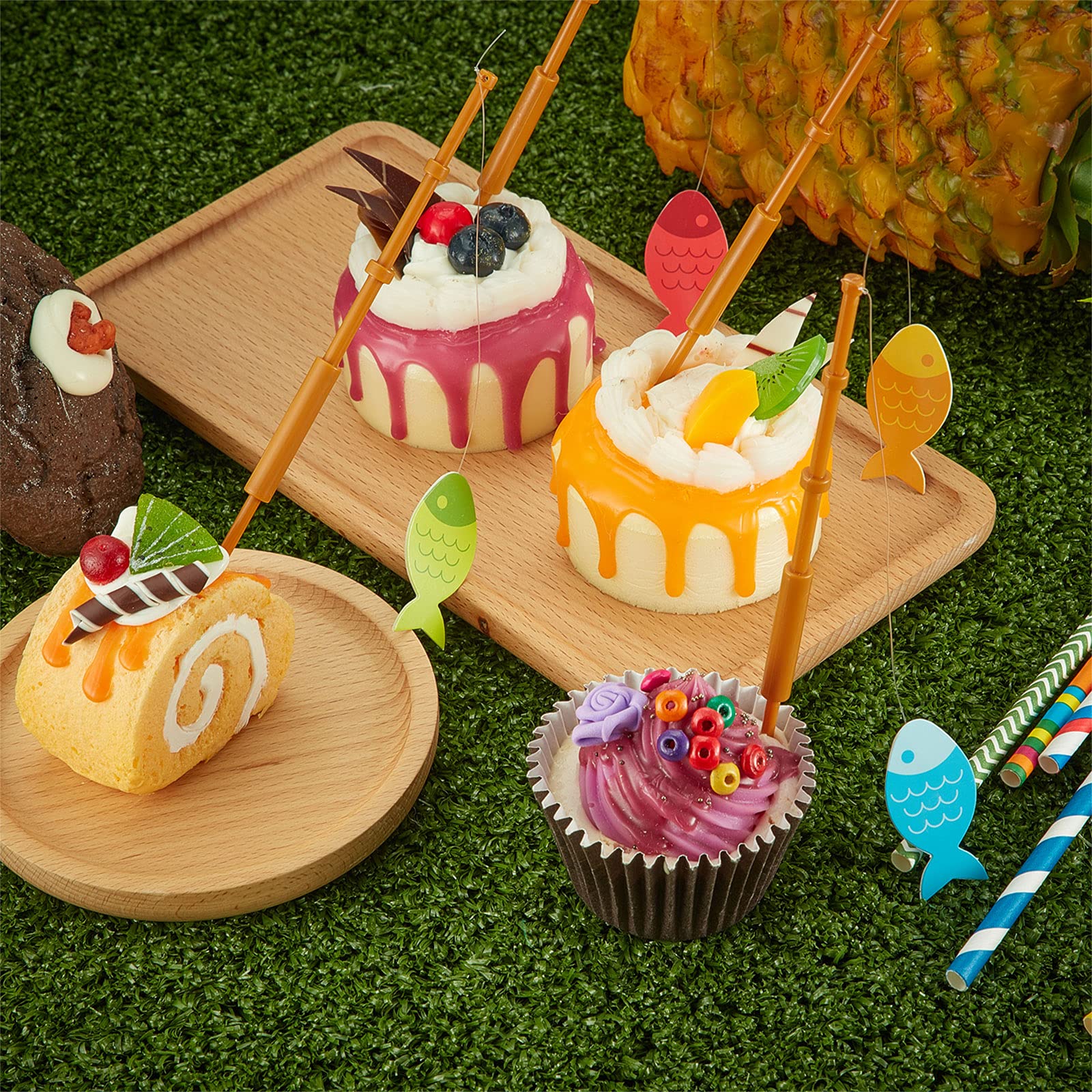 Boao 20 Pieces Mini Fish Pole Decoration Little Fisherman Fishing Pole Picks Mini Cupcake Picks for Birthday Party Tropical Party Appetizer Cake Decoration