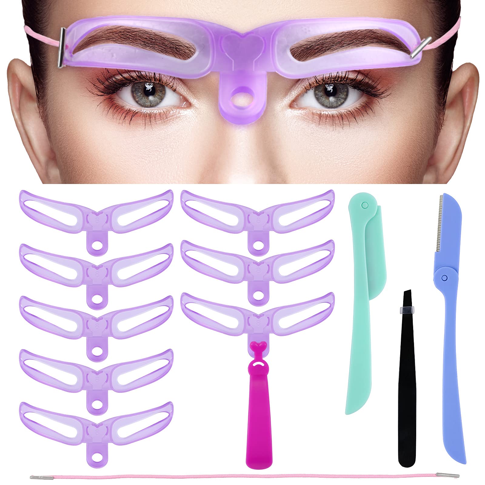 4 Pieces Eyebrow Stencil 8 Styles Eyebrow Template DIY Grooming Eyebrow Shaping Kit Washable Reusable Eyebrow Template with Handle Stainless Steel Tweezers and Foldable Eyebrow Razor (Chic Style)