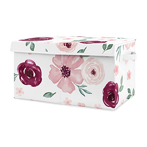 Sweet Jojo Designs Burgundy and Pink Watercolor Floral Girl Small Fabric Toy Bin Storage Box Chest For Baby Nursery Kids Room - Blush, Maroon, Wine, Rose, Green and White Shabby Chic Flower Farmhouse