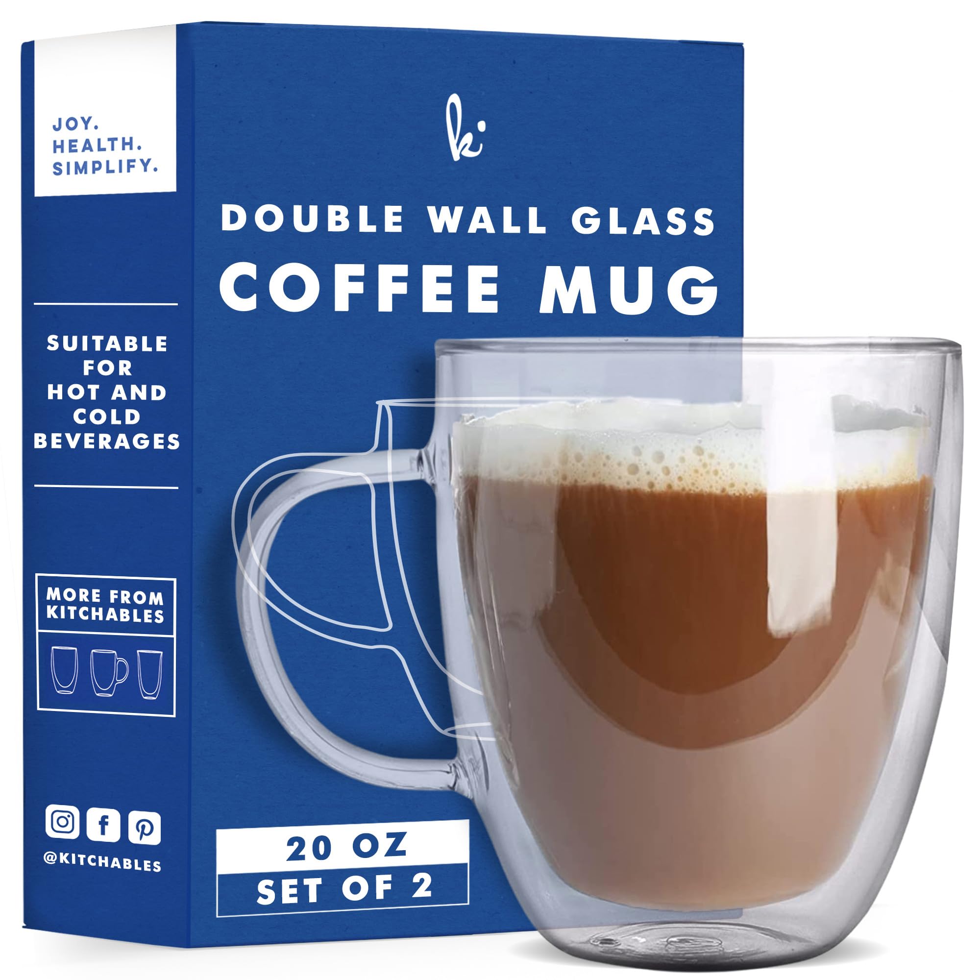 Kitchables Double Walled Glass Coffee Mugs Set of 2, 20oz Insulated Glass Coffee Mugs for Cappuccino, Latte, Tea, Espresso - Latte cup - Tazas Para Cafe