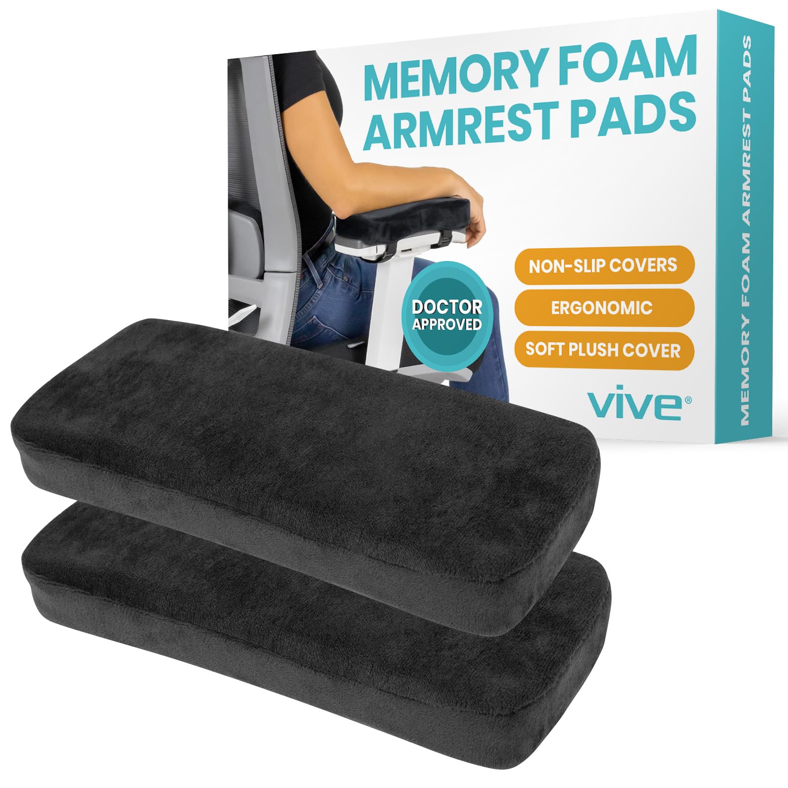 Vive Memory Foam Armrest Pads - Comfortable Office Desk Chair Arm Cushion - Soft And Ergonomic For Forearms, Elbow Pressure Relief - Anti Slip With Removable Cover For Gaming, Home - Comfy Long Pillow