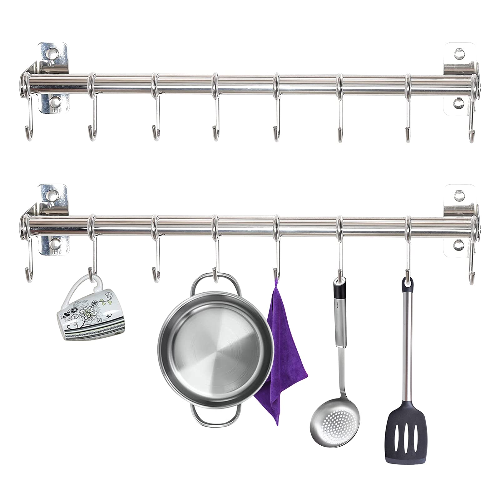 smart-hormarket 16-inch Pot Rack, 2 Packs Wall-Mounted Kitchen Pot Rack Double-Bar Stainless Steel Appliance Hanging Rack Kitchen Rail Organizer with 16 Hooks 40 X 7 X 6.5 cm