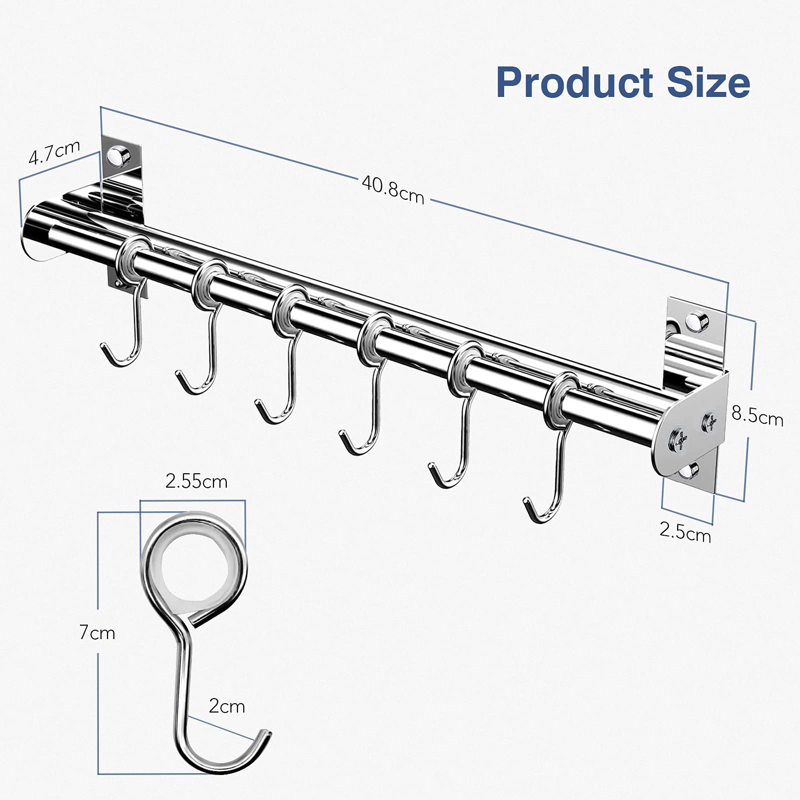 smart-hormarket 16-inch Pot Rack, 2 Packs Wall-Mounted Kitchen Pot Rack Double-Bar Stainless Steel Appliance Hanging Rack Kitchen Rail Organizer with 16 Hooks 40 X 7 X 6.5 cm