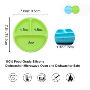 ANTUREBAY Suction Plates for Babies, 100% SiliconeToddler plates,Divided Baby Plates, Dishwasher & Microwave Friendly,Food Grade Silicone Kids Plates with Spoon Fork. (Blue,Green)