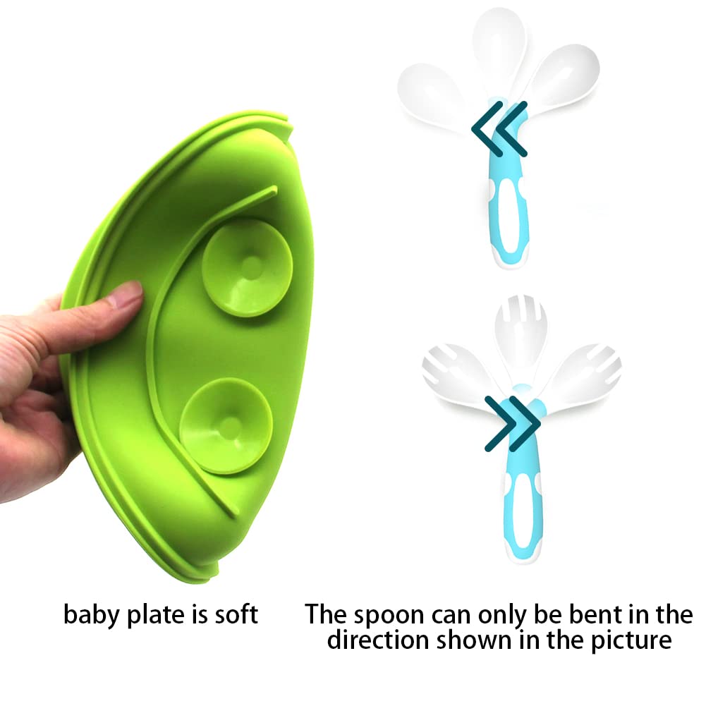 ANTUREBAY Suction Plates for Babies, 100% SiliconeToddler plates,Divided Baby Plates, Dishwasher & Microwave Friendly,Food Grade Silicone Kids Plates with Spoon Fork. (Blue,Green)