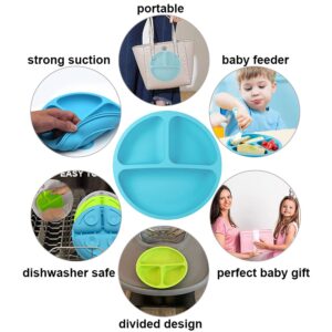 ANTUREBAY Suction Plates for Babies, 100% SiliconeToddler plates,Divided Baby Plates, Dishwasher & Microwave Friendly,Food Grade Silicone Kids Plates with Spoon Fork. (Blue,Green)