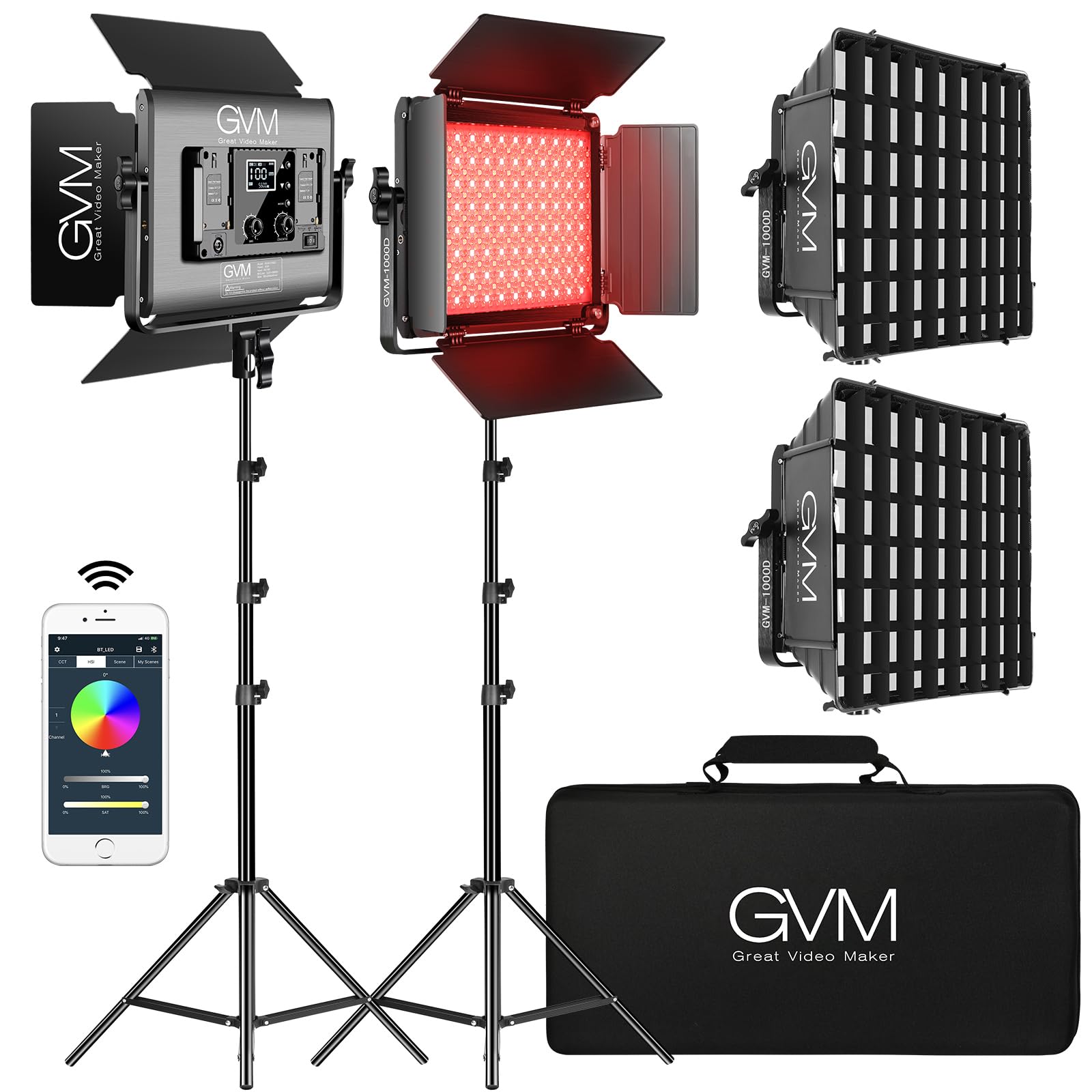 GVM 1000D RGB Led Video Light with 2 Softboxes, Photography Lighting Kit with Bluetooth Control, Full Color Video Lighting Kit with 8 Applicable Scenes, 2 Packs Led Light Panel for Video Shooting