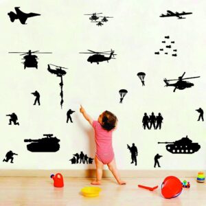 army tank wall decors set for wall solider military helicopter wall stickers for teens boys bedroom kids room vinyl decals (black (jwh117))