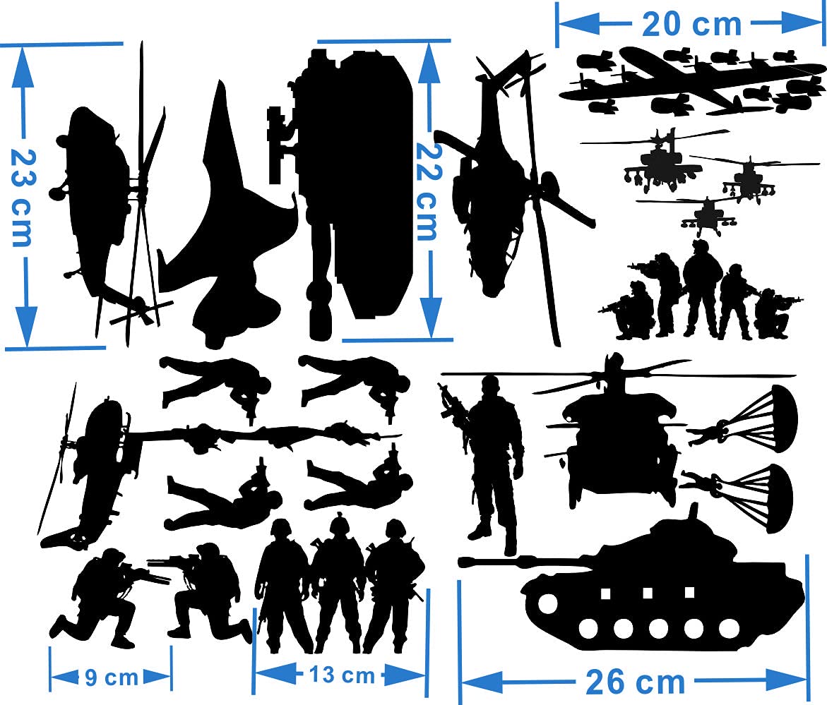 Army Tank Wall Decors Set for Wall Solider Military Helicopter Wall Stickers for Teens Boys Bedroom Kids Room Vinyl Decals (Black (JWH117))