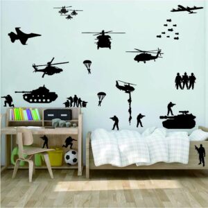 Army Tank Wall Decors Set for Wall Solider Military Helicopter Wall Stickers for Teens Boys Bedroom Kids Room Vinyl Decals (Black (JWH117))