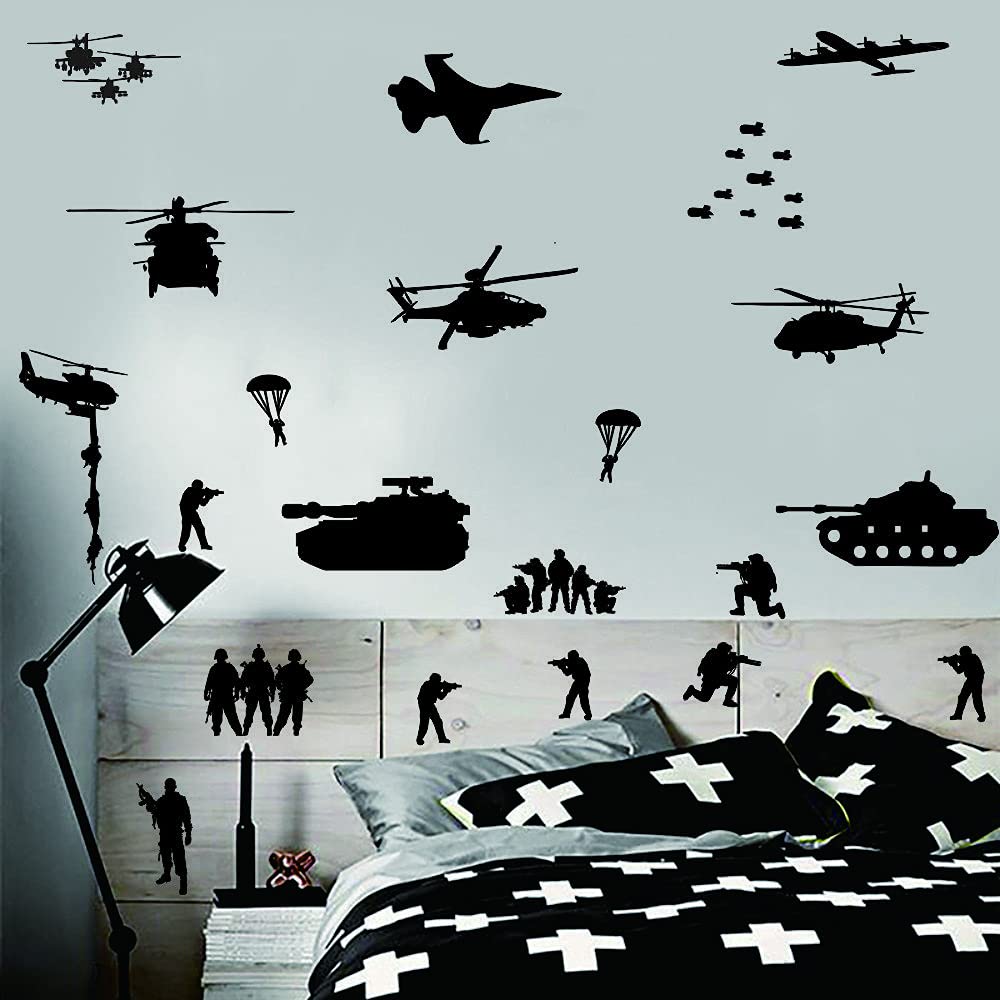 Army Tank Wall Decors Set for Wall Solider Military Helicopter Wall Stickers for Teens Boys Bedroom Kids Room Vinyl Decals (Black (JWH117))