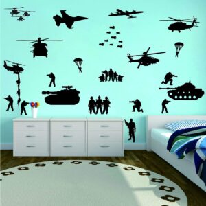 Army Tank Wall Decors Set for Wall Solider Military Helicopter Wall Stickers for Teens Boys Bedroom Kids Room Vinyl Decals (Black (JWH117))