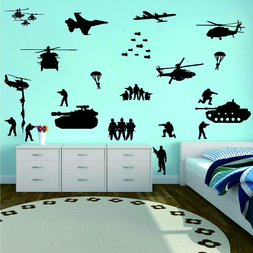 Army Tank Wall Decors Set for Wall Solider Military Helicopter Wall Stickers for Teens Boys Bedroom Kids Room Vinyl Decals (Black (JWH117))