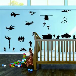 Army Tank Wall Decors Set for Wall Solider Military Helicopter Wall Stickers for Teens Boys Bedroom Kids Room Vinyl Decals (Black (JWH117))