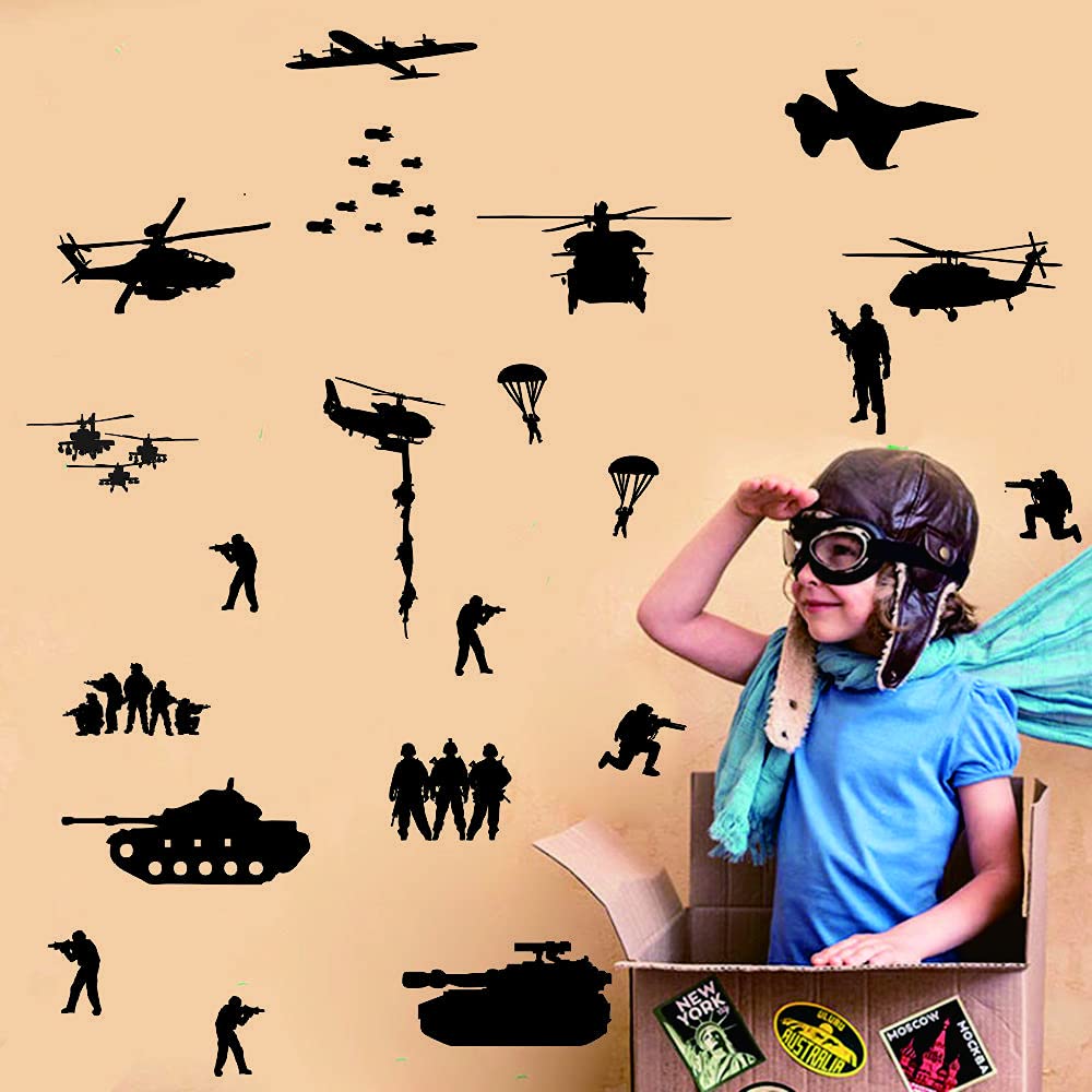 Army Tank Wall Decors Set for Wall Solider Military Helicopter Wall Stickers for Teens Boys Bedroom Kids Room Vinyl Decals (Black (JWH117))