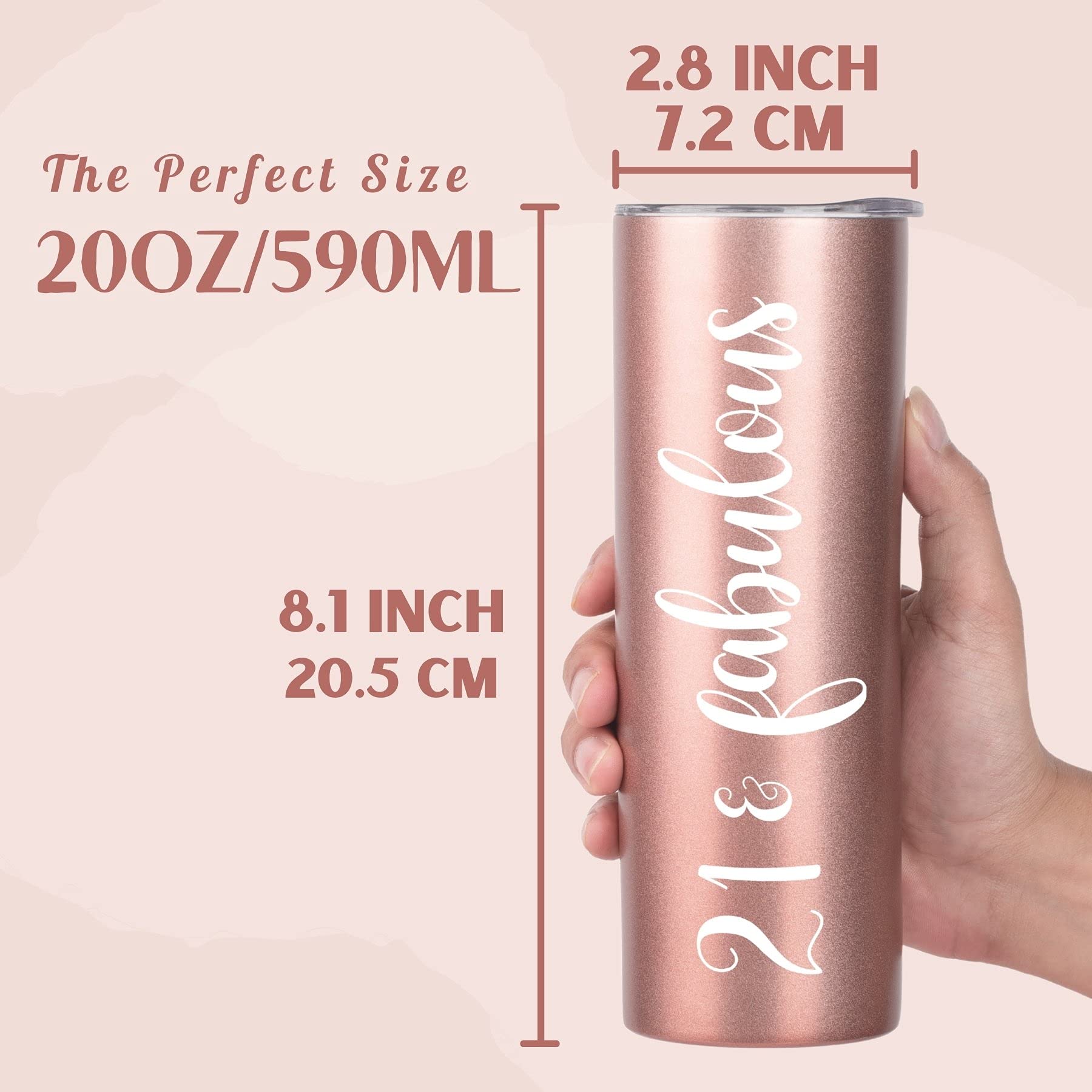 Onebttl 21st Birthday Gifts for Women, Girl, Her - 21 and Fabulous -20oz/590ml Stainless Steel Insulated Tumbler with Straw, Lid, Message Card - (Rose Gold)