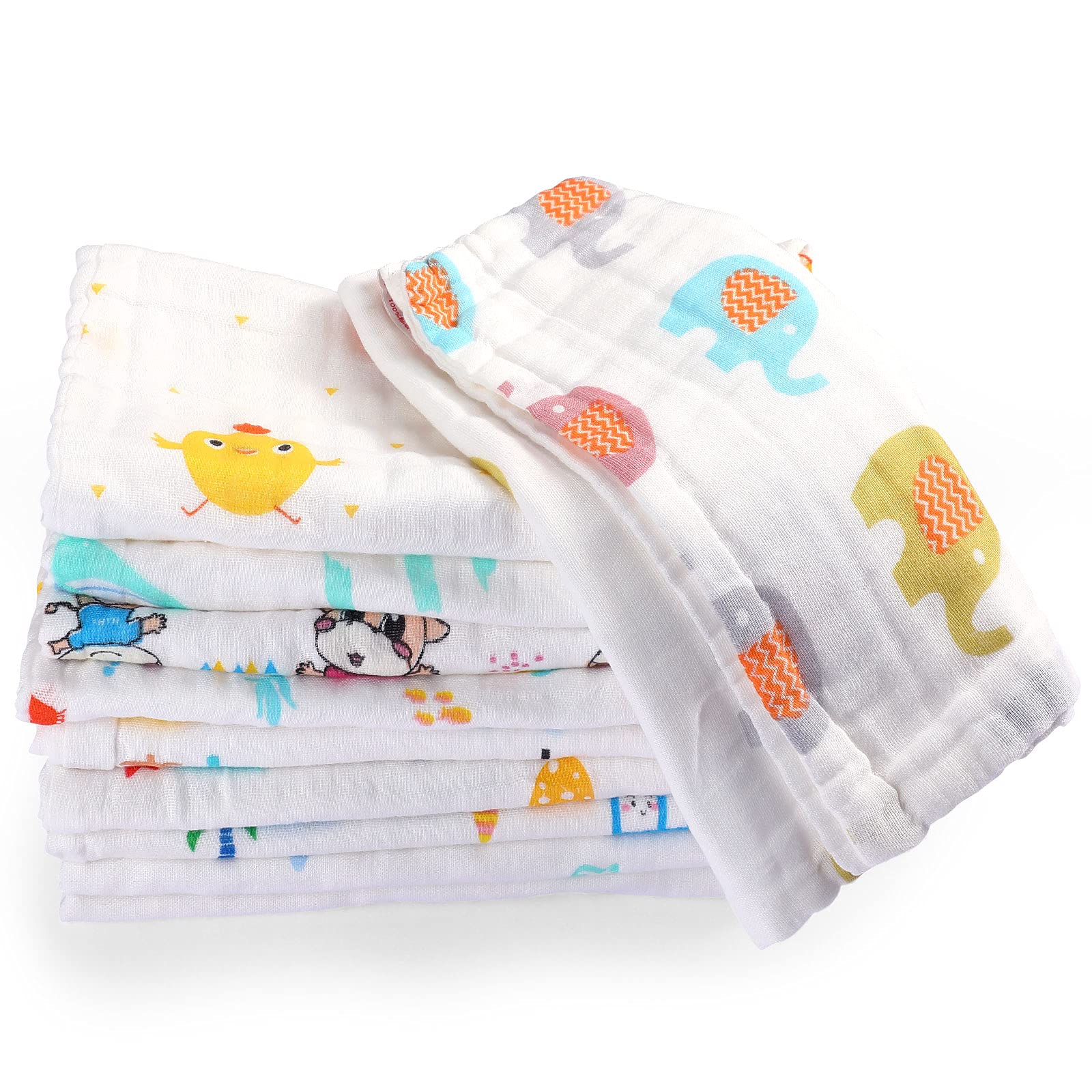 10 Pieces Baby Burp Cloth 10 x 20 inches 6 Layer Soft Absorbent Muslin Newborn Towel for Baby Shower Machine Washable, for Sensitive Skin Baby (Animal Pattern)