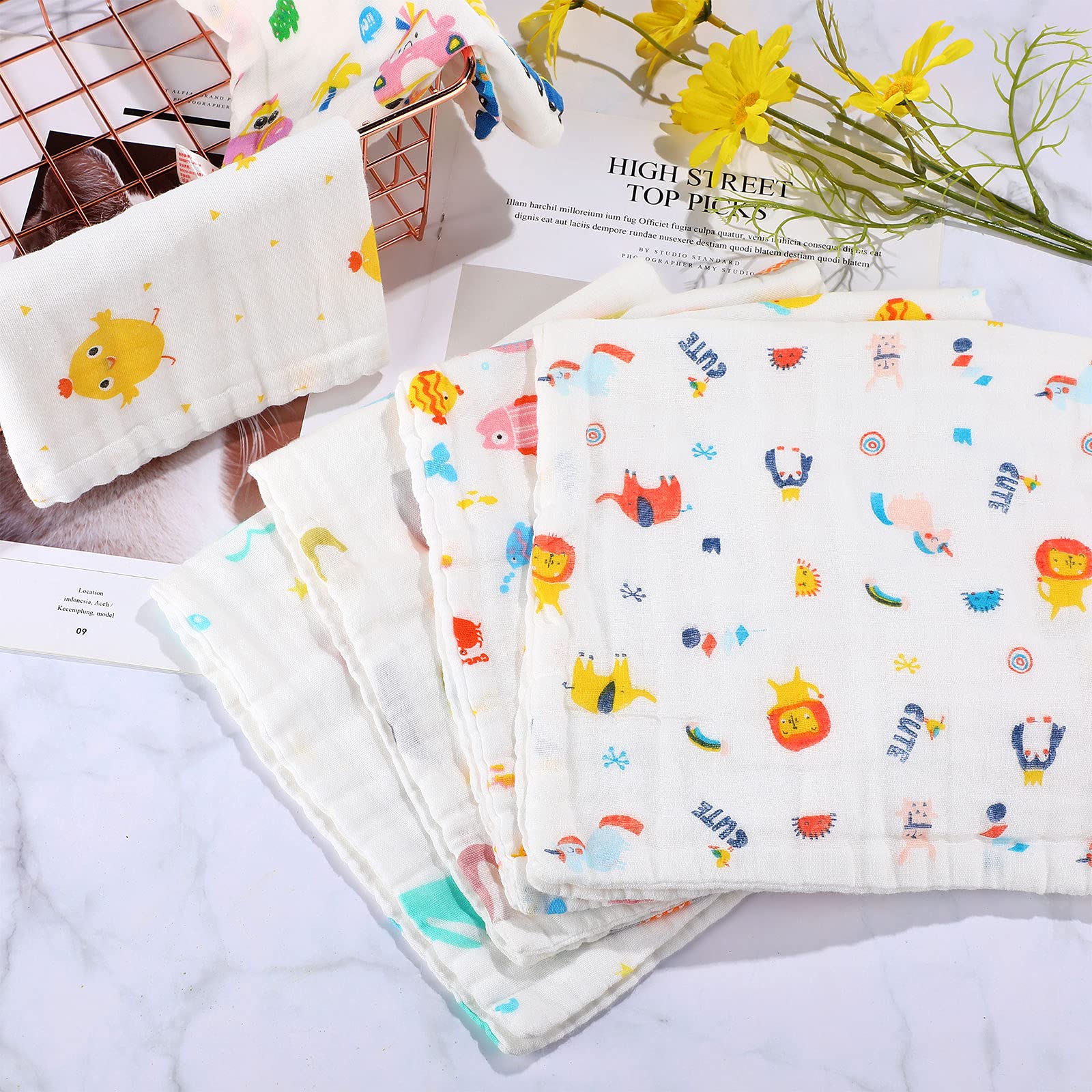 10 Pieces Baby Burp Cloth 10 x 20 inches 6 Layer Soft Absorbent Muslin Newborn Towel for Baby Shower Machine Washable, for Sensitive Skin Baby (Animal Pattern)