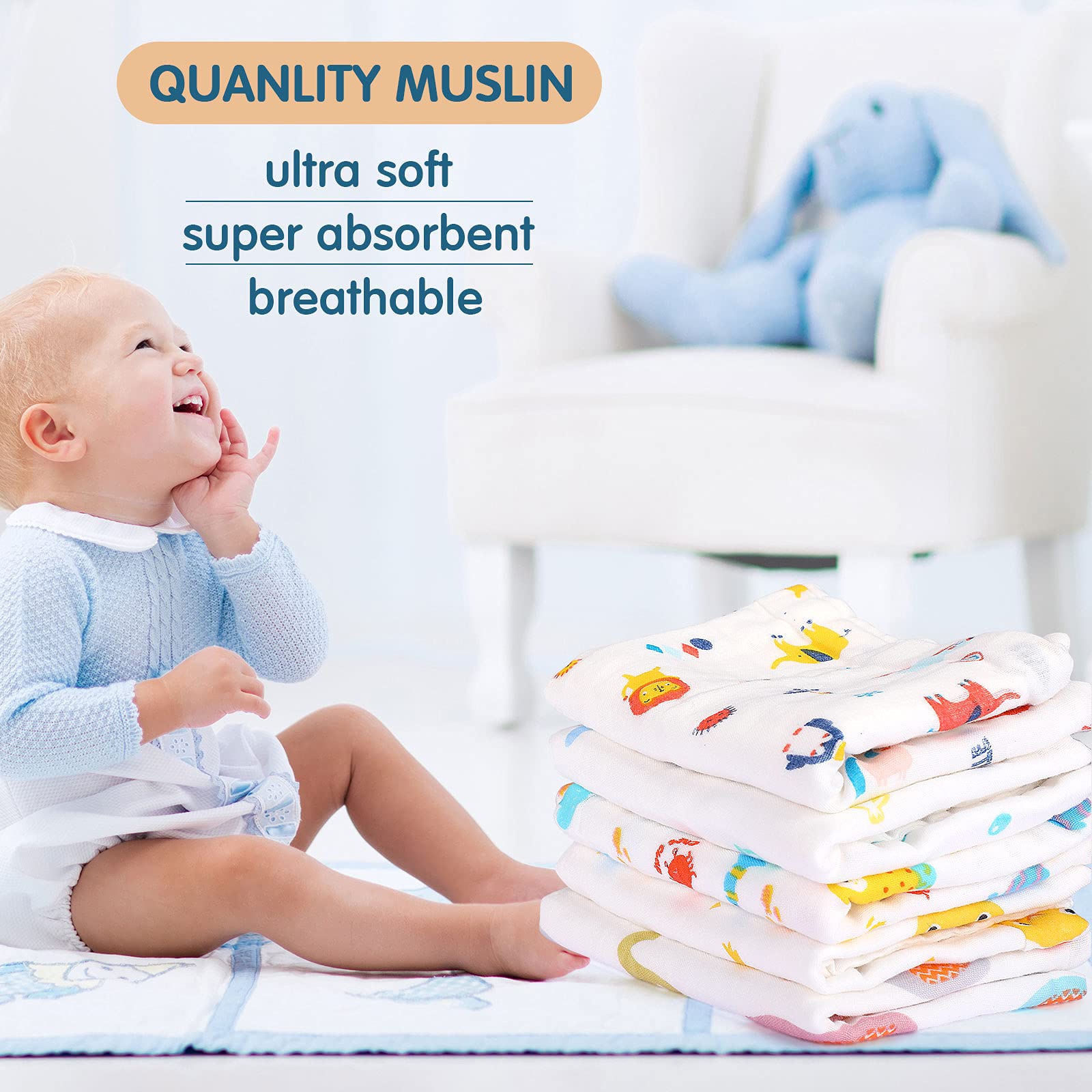 10 Pieces Baby Burp Cloth 10 x 20 inches 6 Layer Soft Absorbent Muslin Newborn Towel for Baby Shower Machine Washable, for Sensitive Skin Baby (Animal Pattern)