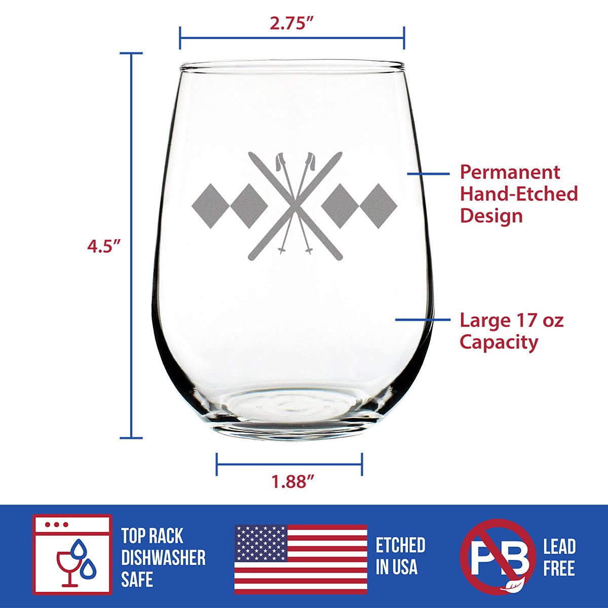 Double Black Diamond - Stemless Wine Glass - Unique Skiing Themed Decor and Gifts for Mountain Lovers - Large 17 Oz Glasses