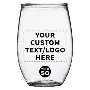 custom plastic stemless wine glasses 16 oz. set of 50, personalized bulk pack - bpa free, great for outdoor lounges, poolside, parties and other events - clear