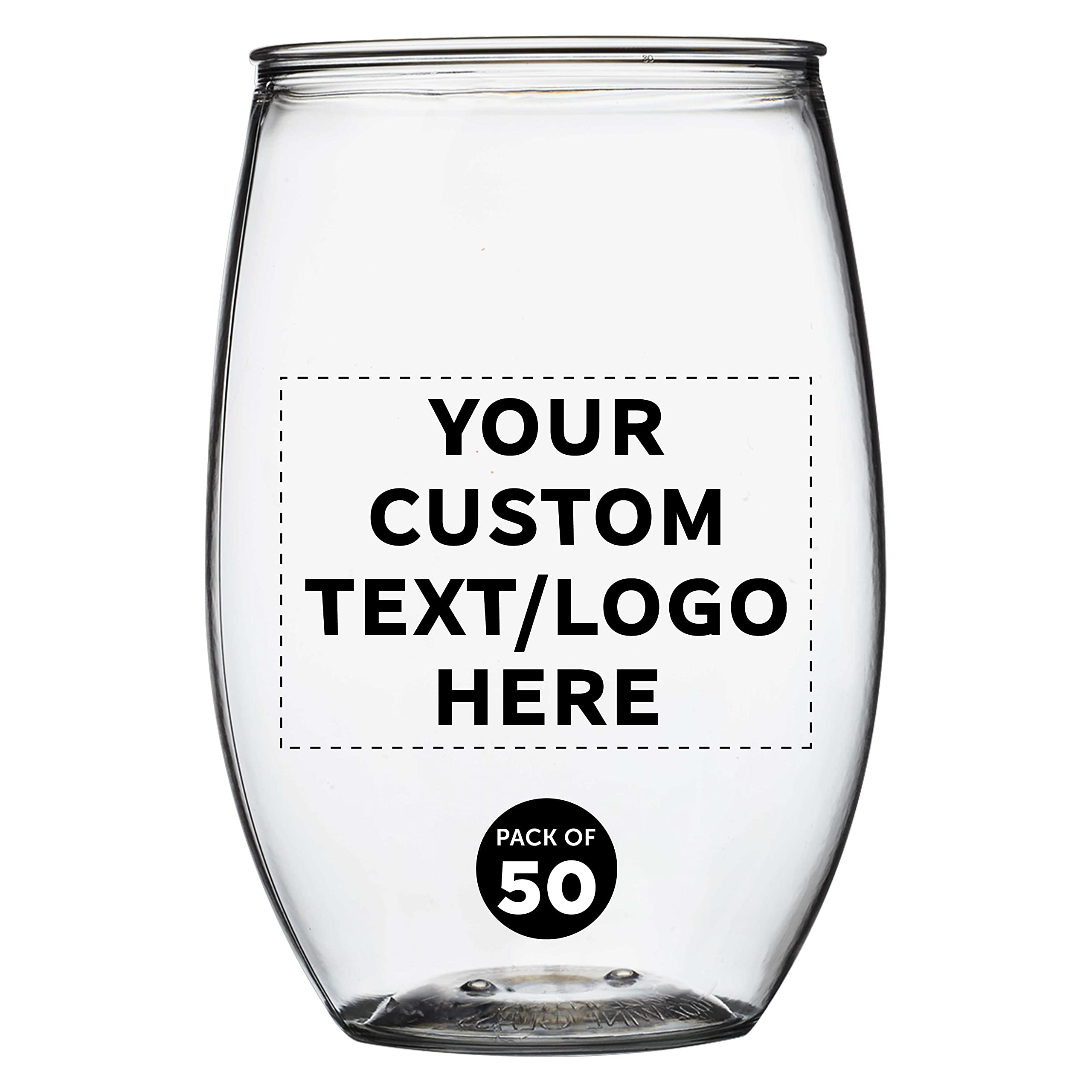 Custom Plastic Stemless Wine Glasses 16 oz. Set of 50, Personalized Bulk Pack - BPA Free, Great for Outdoor Lounges, Poolside, Parties and Other Events - Clear