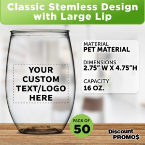 Custom Plastic Stemless Wine Glasses 16 oz. Set of 50, Personalized Bulk Pack - BPA Free, Great for Outdoor Lounges, Poolside, Parties and Other Events - Clear