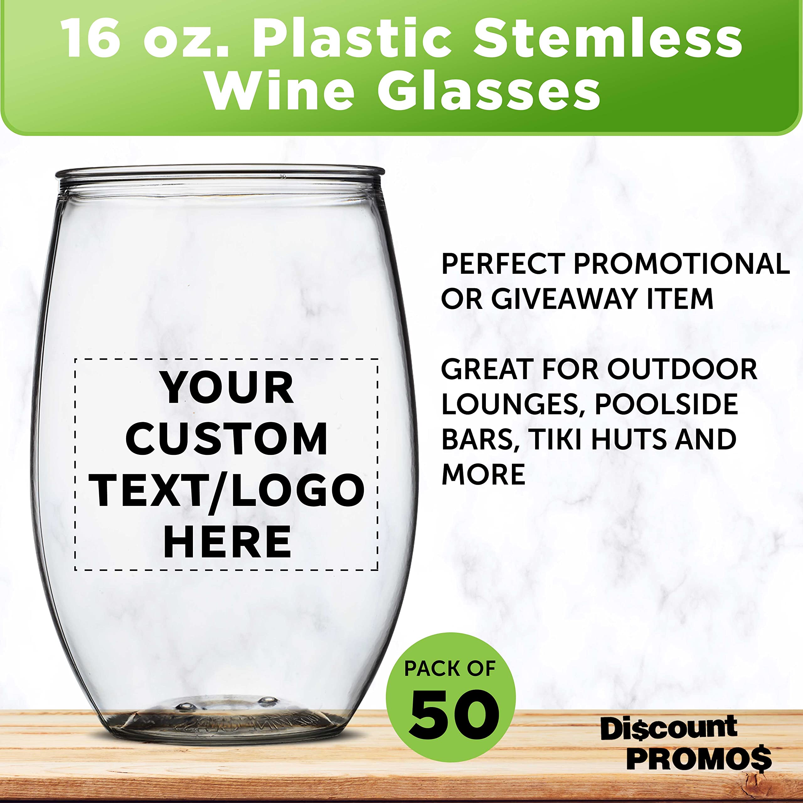 Custom Plastic Stemless Wine Glasses 16 oz. Set of 50, Personalized Bulk Pack - BPA Free, Great for Outdoor Lounges, Poolside, Parties and Other Events - Clear