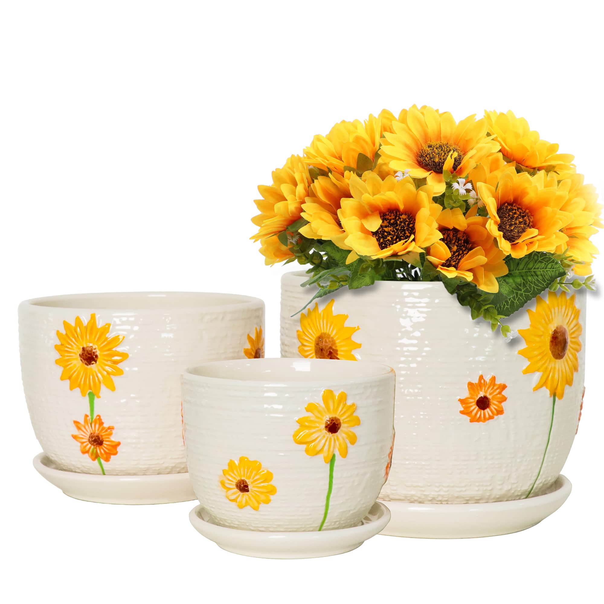 Ton Sin Plant Pots,Set of 3 Ceramic Flower Pots for Indoor Plants,4+5+6 inch Planter with Drainage Hole Saucer,Garden Pots Catus Planters (Sunflower Set of 3)