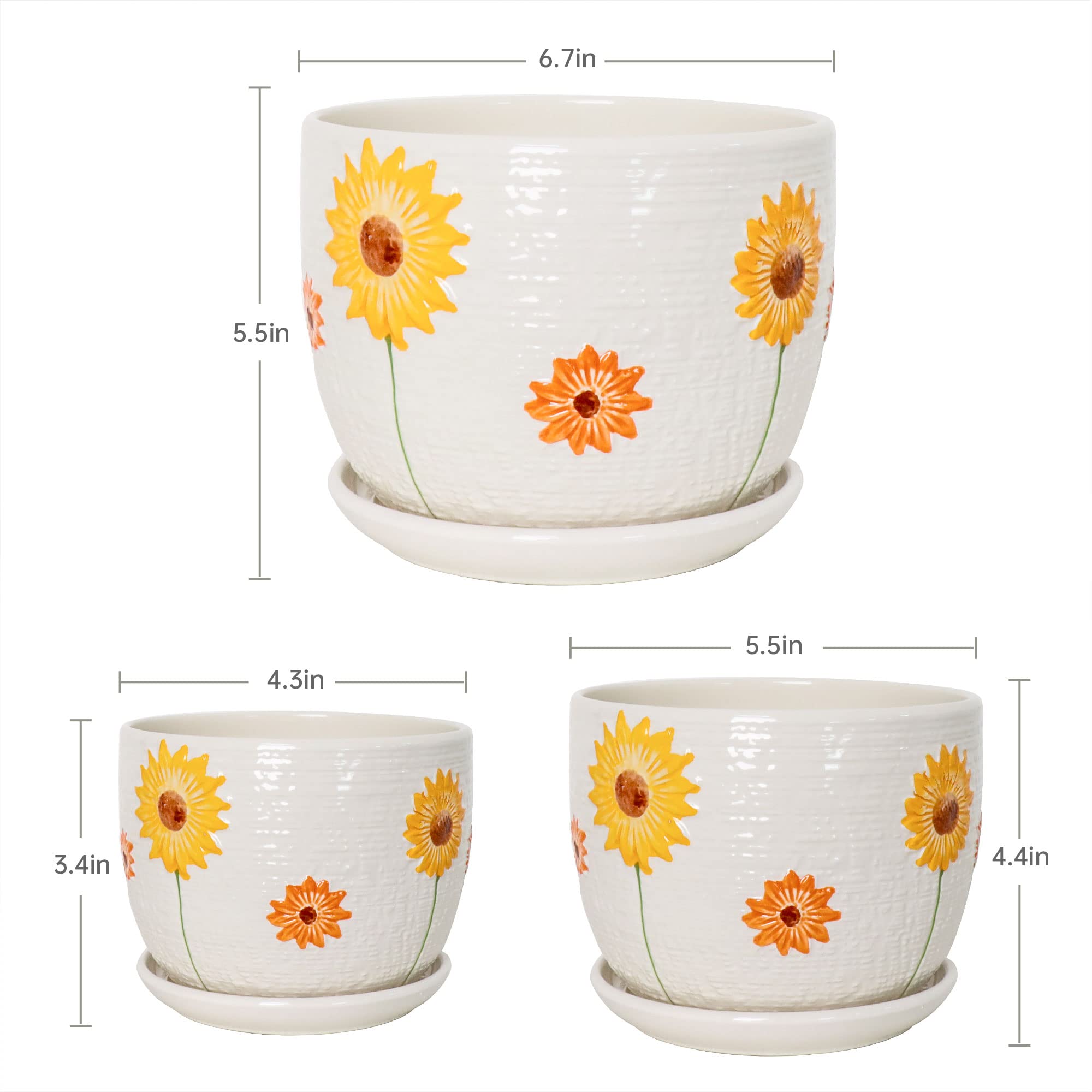 Ton Sin Plant Pots,Set of 3 Ceramic Flower Pots for Indoor Plants,4+5+6 inch Planter with Drainage Hole Saucer,Garden Pots Catus Planters (Sunflower Set of 3)