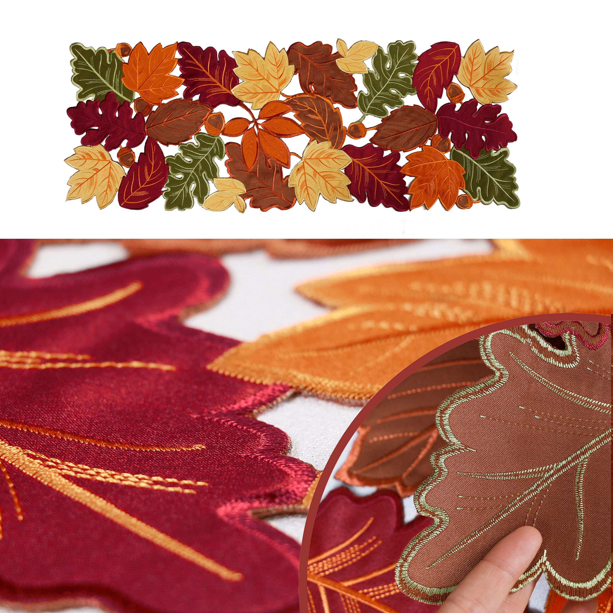 OWENIE Thanksgiving Runner, Fall Leaf Table Runner for Autumn Home Decorations, Fall Table Centerpieces, Embroidered Cutwork Farmhouse HarvestMaple Leaf Runner, 13 Inch x 36 Inch