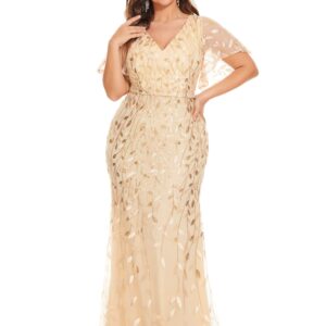 Ever-Pretty Women's V-Neck Sparkly Embroidery Formal Dresses Plus Size Sequin Mother of The Bride Dresses Gold US18