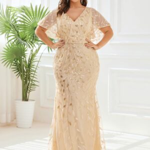 Ever-Pretty Women's V-Neck Sparkly Embroidery Formal Dresses Plus Size Sequin Mother of The Bride Dresses Gold US18