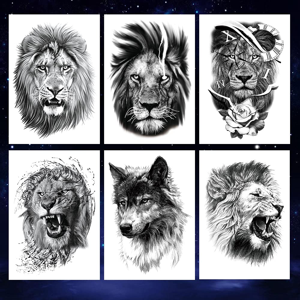 Oottati 12 Sheets Arm Waterproof Temporary Tattoo Stickers Black Fierce Tiger Lion Wolf for Men Women Teens