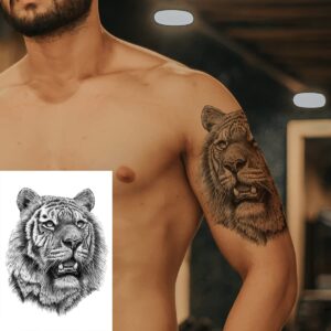 Oottati 12 Sheets Arm Waterproof Temporary Tattoo Stickers Black Fierce Tiger Lion Wolf for Men Women Teens