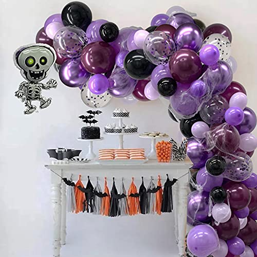 Halloween Balloon Arch Garland Kit, Black Purple Confetti Balloons Skull Balloon and Halloween Spider Webs for Kids Halloween Scary Birthday Party Decorations Supplies, 100 Pack