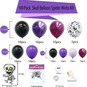 Halloween Balloon Arch Garland Kit, Black Purple Confetti Balloons Skull Balloon and Halloween Spider Webs for Kids Halloween Scary Birthday Party Decorations Supplies, 100 Pack