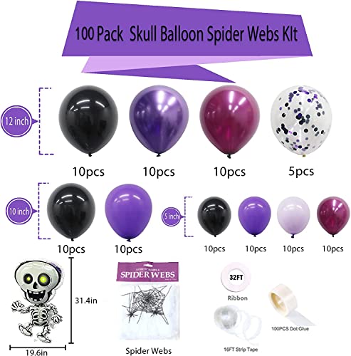 Halloween Balloon Arch Garland Kit, Black Purple Confetti Balloons Skull Balloon and Halloween Spider Webs for Kids Halloween Scary Birthday Party Decorations Supplies, 100 Pack