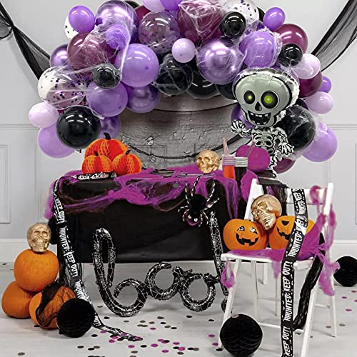 Halloween Balloon Arch Garland Kit, Black Purple Confetti Balloons Skull Balloon and Halloween Spider Webs for Kids Halloween Scary Birthday Party Decorations Supplies, 100 Pack