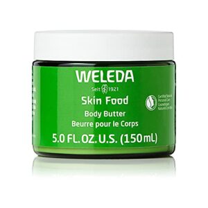 weleda skin food body butter 5 fluid ounce, sustainable glass jar, plant rich hydrating moisturizer with shea and cocoa butter, sweet almond oil and pansy