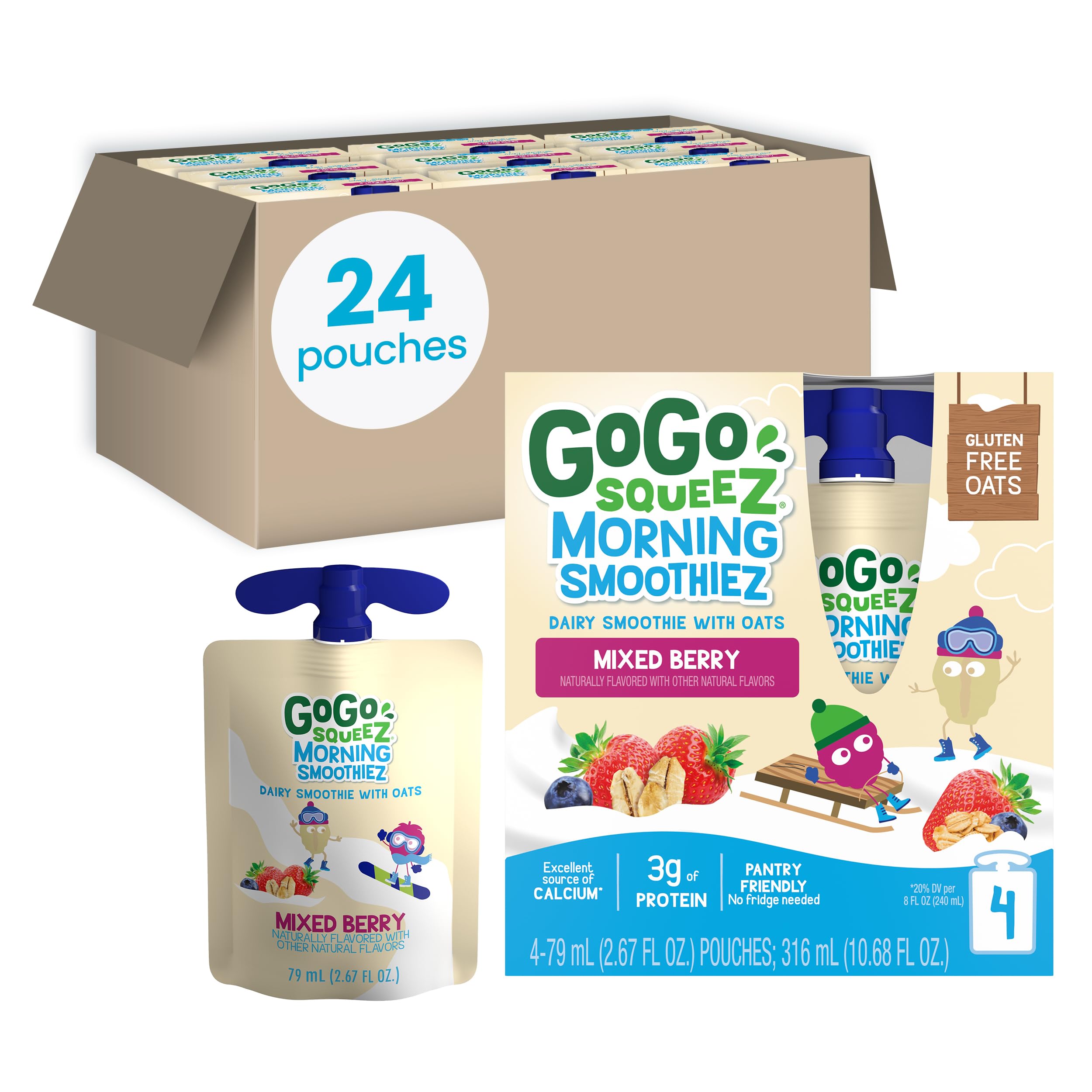 GoGo squeeZ Morning smoothieZ, Mixed Berry, 3 oz (Pack of 24), Gluten Free Yogurt, Fruit and Oat Smoothie Snacks for Kids, No Preservatives, No Fridge Needed, BPA Free Squeeze Pouches