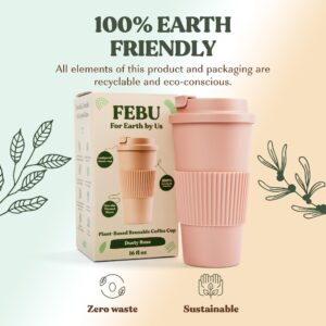 FEBU Plant-Based Reusable Coffee Cup with Lid and Sleeve | 16oz, Dusty Rose | Portable Travel Mug made from Bamboo | Dishwasher Safe, Zero Waste, Plastic Free with Leak-Proof Screw-on Lid