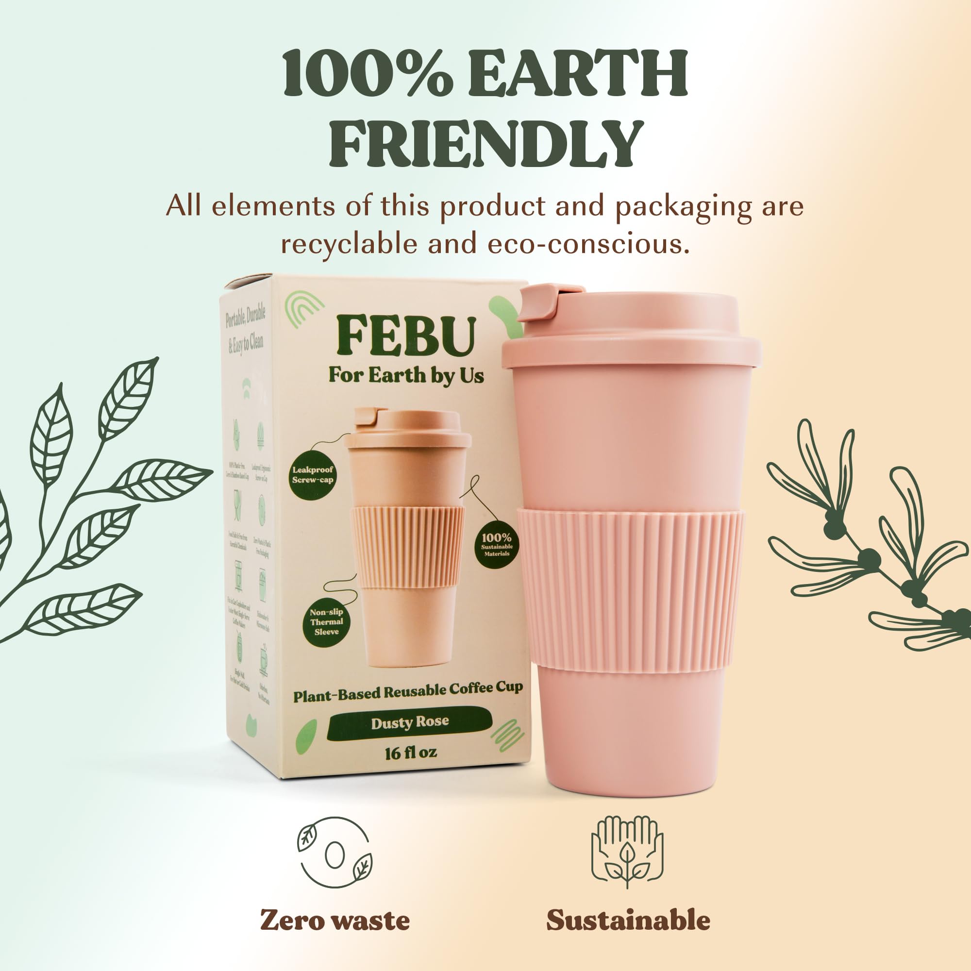 FEBU Plant-Based Reusable Coffee Cup with Lid and Sleeve | 16oz, Dusty Rose | Portable Travel Mug made from Bamboo | Dishwasher Safe, Zero Waste, Plastic Free with Leak-Proof Screw-on Lid