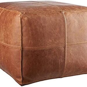 LEATHEROOZE Stuffed Square Pouf, Footstool, Upholstered in Brown Leather, for The Living Room, Bedroom and Kids Room, Transitional, Modern 14x16x16inches