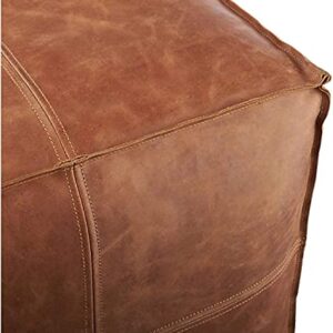 LEATHEROOZE Stuffed Square Pouf, Footstool, Upholstered in Brown Leather, for The Living Room, Bedroom and Kids Room, Transitional, Modern 14x16x16inches