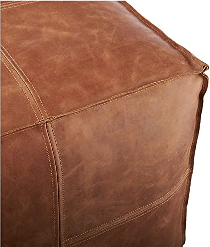 LEATHEROOZE Stuffed Square Pouf, Footstool, Upholstered in Brown Leather, for The Living Room, Bedroom and Kids Room, Transitional, Modern 14x16x16inches